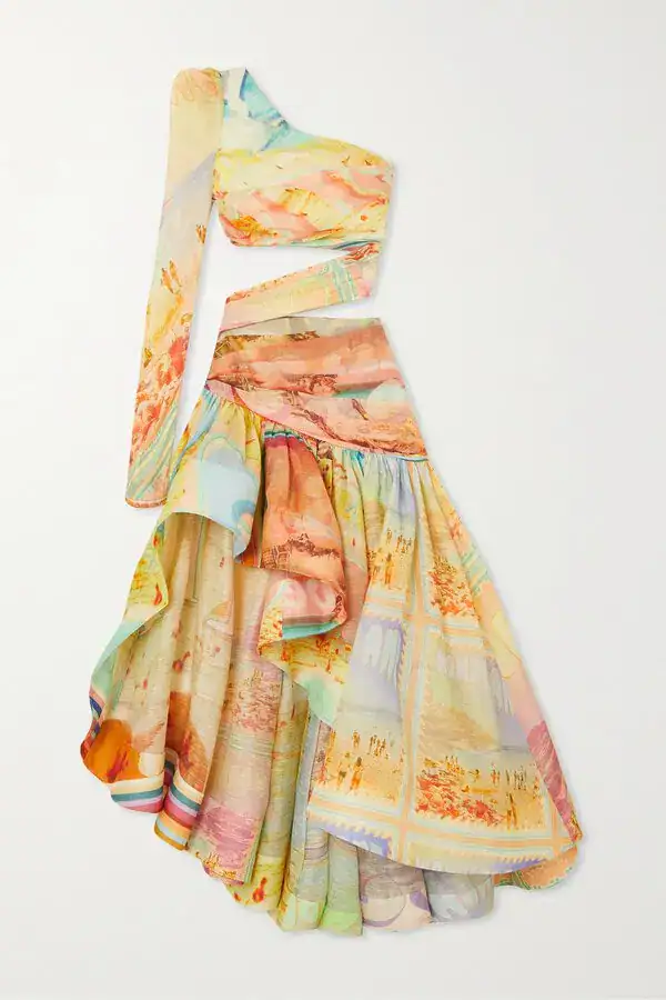 Zimmermann Tama Asymmetric Cutout Printed Linen And Silk-Blend Organza Maxi  Dress In Yellow - 30% Off