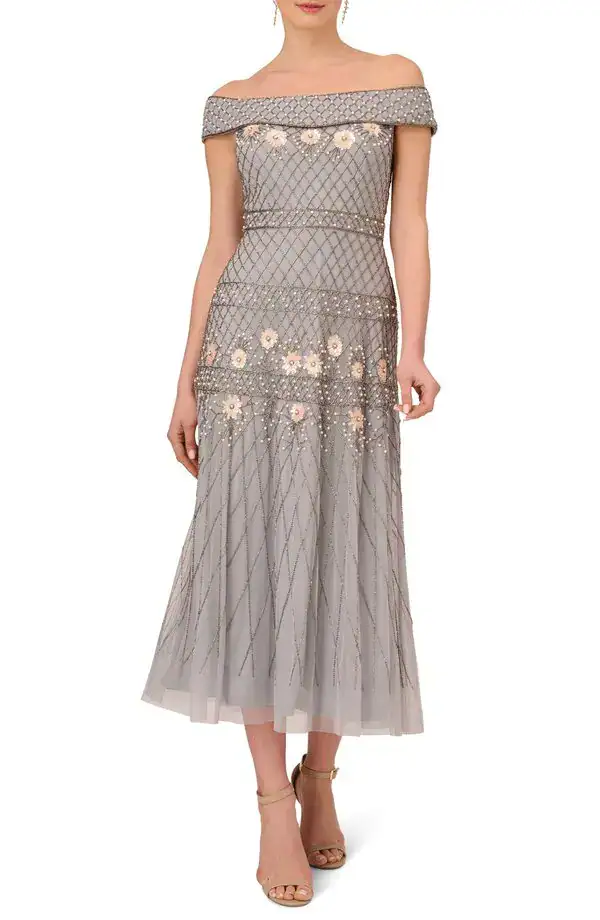 adrianna papell beaded off the shoulder dress Adrianna Papell One-Shoulder Floral Sequin Beaded Gown main image 1