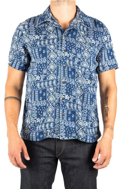 HIROSHI KATO The Wrench Waffle Bandana Print Short Sleeve Button-up Camp Shirt - Blue Bandana
