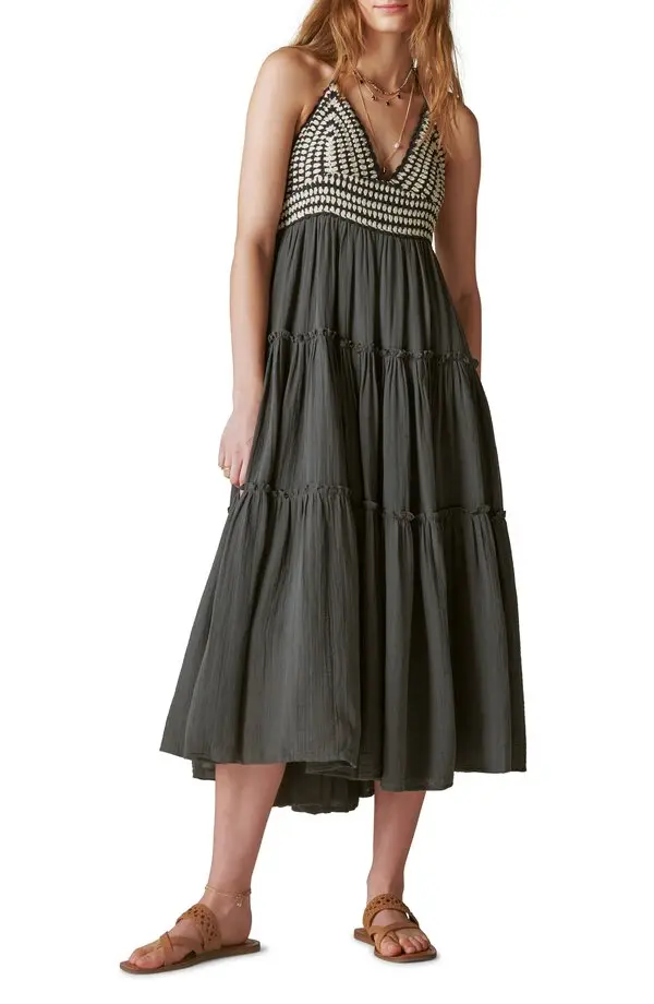 Lucky Brand Crochet Tiered Cotton & Linen Halter Dress - Washed Black |  Editorialist