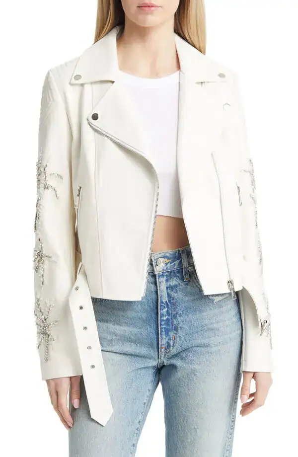 Azalea Wang Beaded Croc Embossed Faux Leather Moto Jacket - White