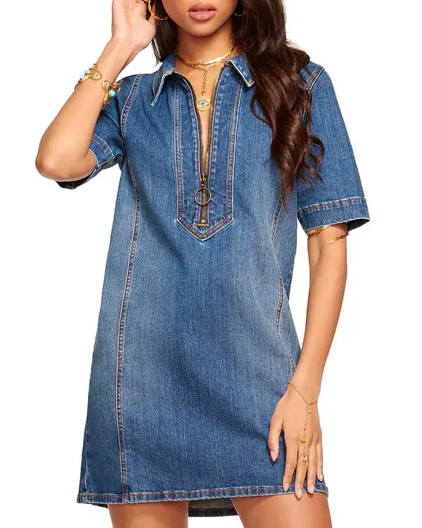 white christmas dresses Skylar Short Sleeve Denim Mini Dress in medium wash main image 1