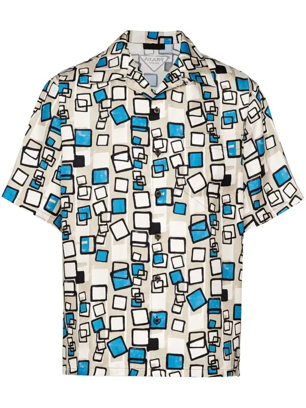 Prada Geometric-print Silk Twill Shirt - Neutrals