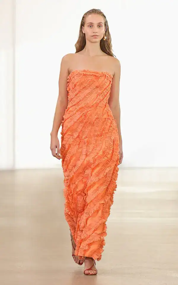 aje orange ruffle dress Aje Terrene Frill Linen And Silk Midi Dress Au 4 Only - Multi
