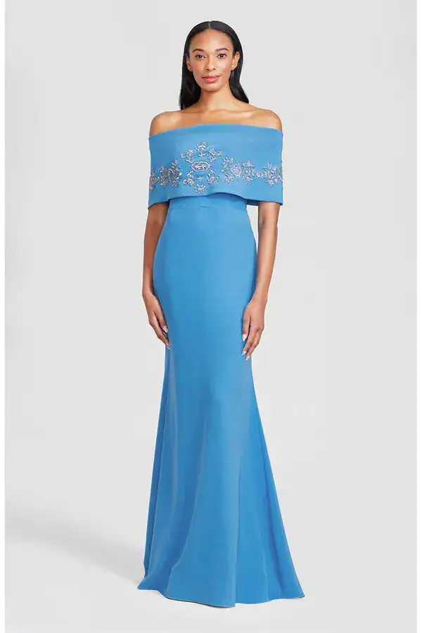 Lela Rose Embroidered Stretch Twill Off The Shoulder Gown In Blue