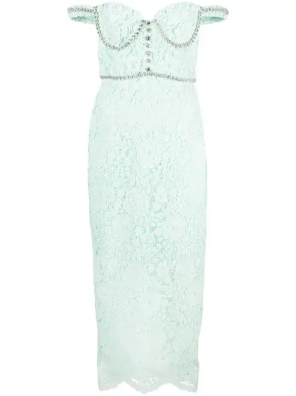 Buy SELF-PORTRAIT Off-shoulder Lace Midi Dress - Green At 15% Off |  Editorialist