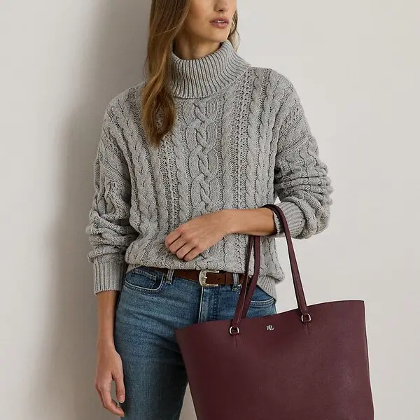 Ralph Lauren Crosshatch Leather Large Karly Tote - Dark Garnet