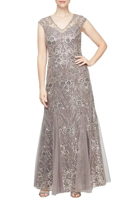 Alex Evenings Sequin Embroidered Evening Gown - Rich Taupe