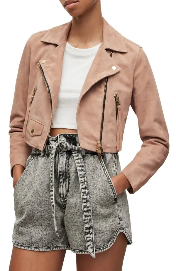 Allsaints Elora Suede Biker Jacket In Misty Pink 40% Off