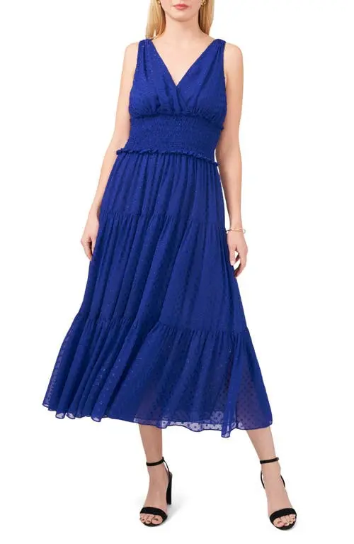 Chaus Smocked Clip Dot Chiffon Midi Dress