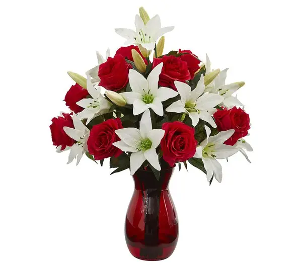 NEARLY NATURAL Roses & Lilies In Red Vase