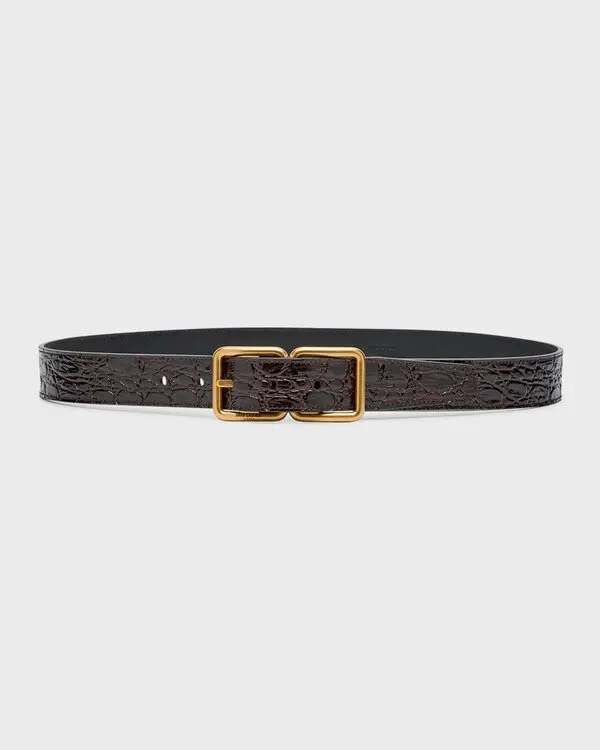 Saint Laurent Double Buckle Croc-embossed Belt