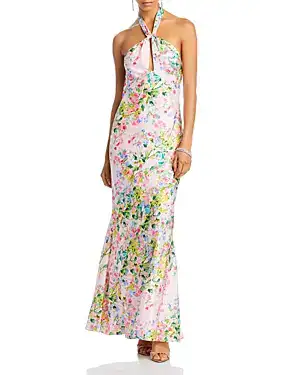 Monique Lhuillier Rose Satin Halter Gown In Wildrose - 72% Off |  Editorialist