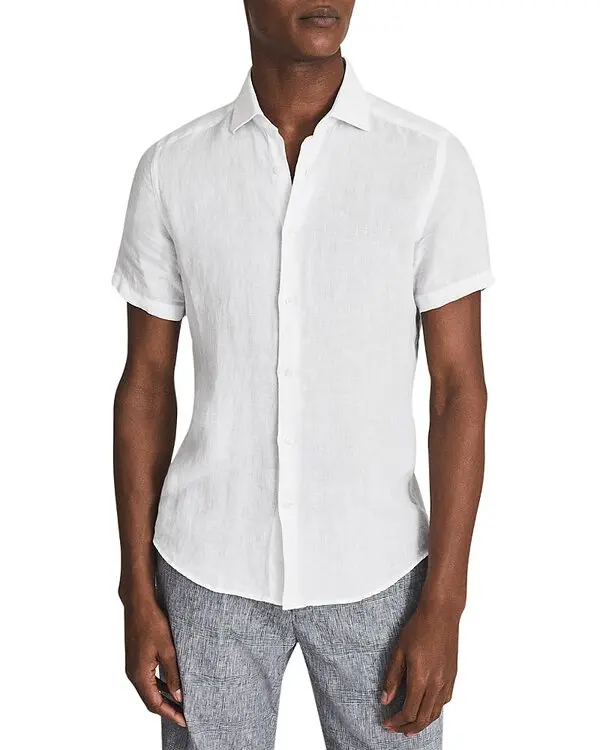 REISS Holiday Slim Fit Short Sleeve Linen Shirt - White