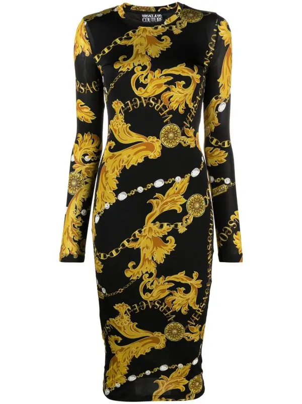 Versace Baroque-print Midi Dress - Black