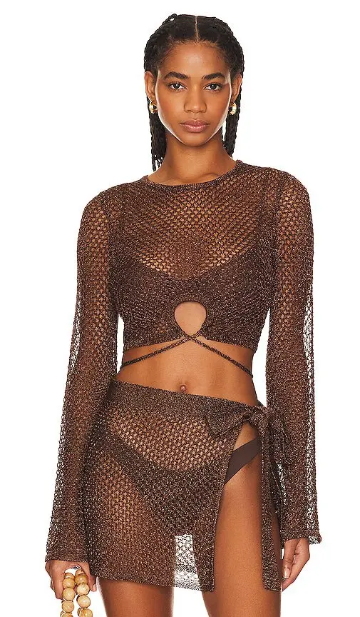 House Of Harlow 1960 X Sana Metallic Open Stitch Top In Metallic Brown