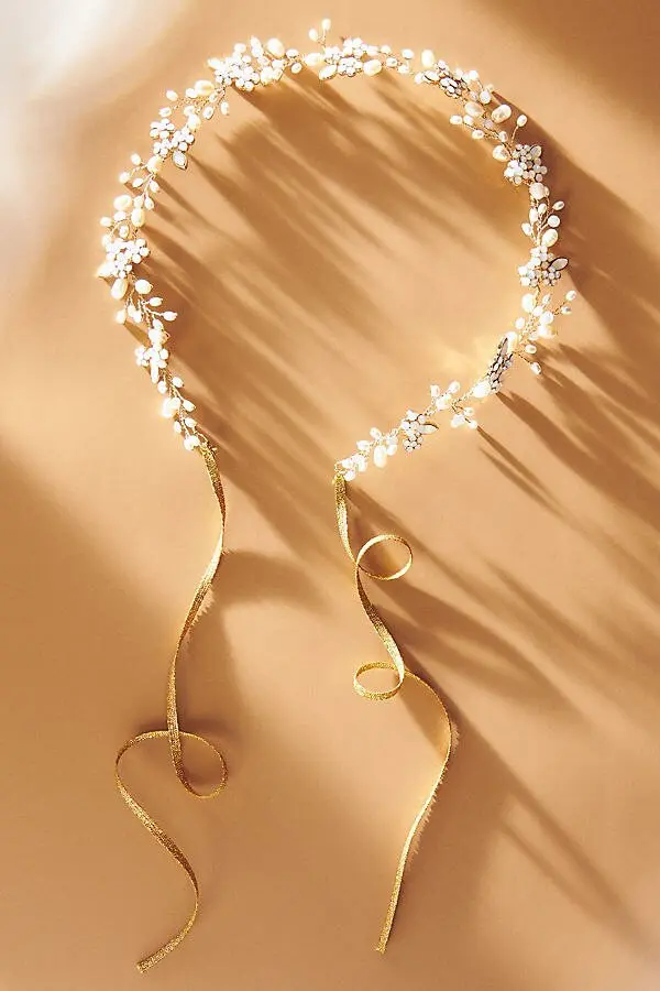 TWIGS & HONEY Baby's Breath Pearl And Opal Bridal Crown - Gold