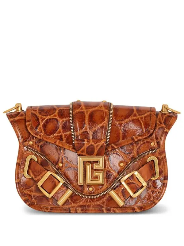 Balmain Crocodile-embossed Shoulder Bag - Brown