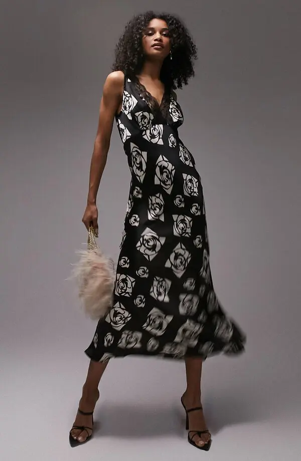 Topshop Floral Lace Trim Satin Slipdress In Black - 25% Off | Editorialist
