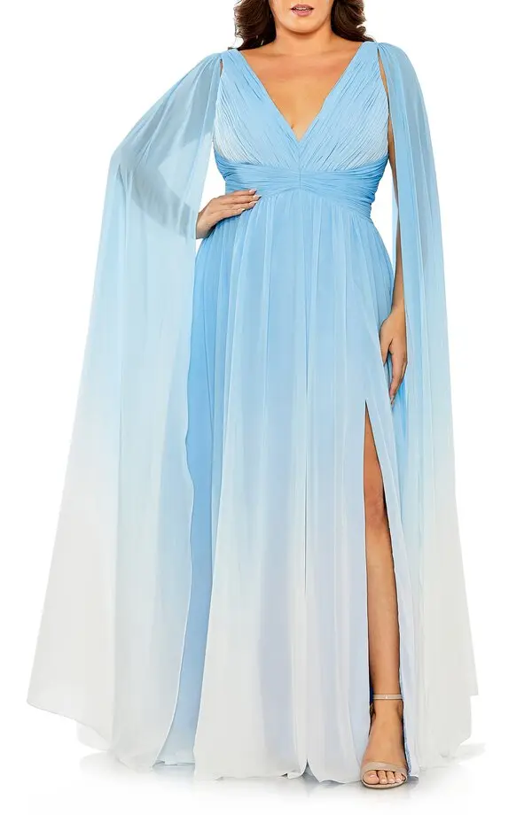 Mac Duggal Long Cape Sleeve Ombr Gown - Blue Ombre | Editorialist