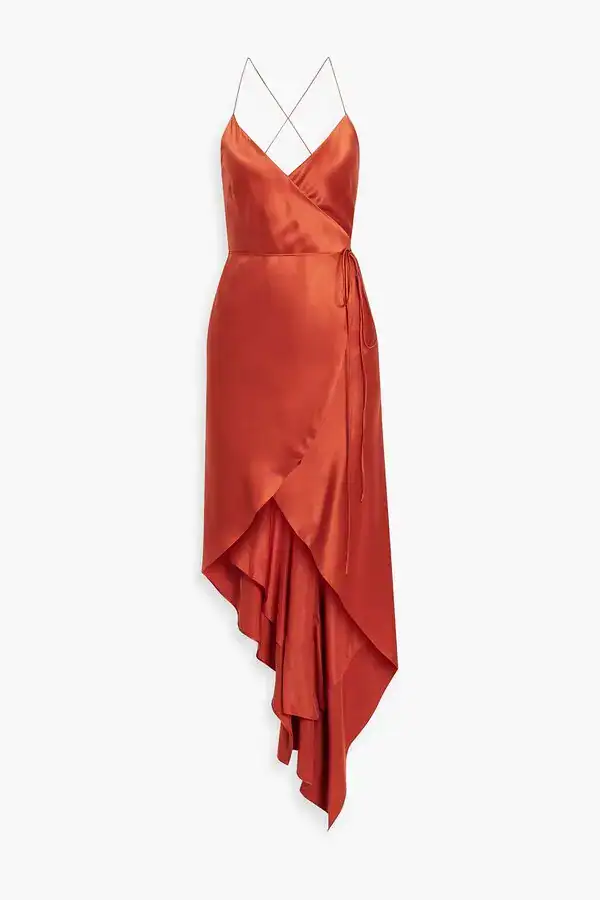 Michelle Mason Asymmetric Silk-Satin Maxi Wrap Dress In Brick 85