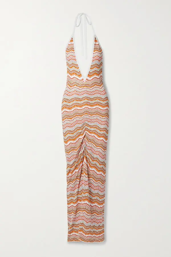 Buy Veronica Beard Armelle Gathered Crochet-knit Halterneck Maxi Dress - Neutrals At 60% Off