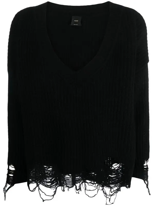 Pinko Ripped V-neck Knitted Jumper - Black