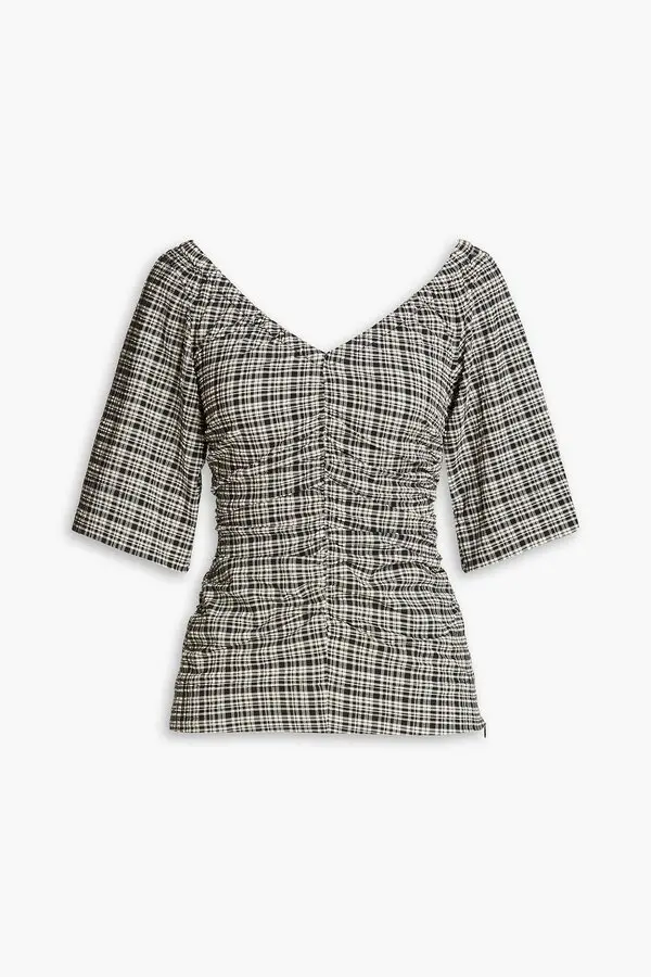 GANNI Ruched Checked Seersucker Top