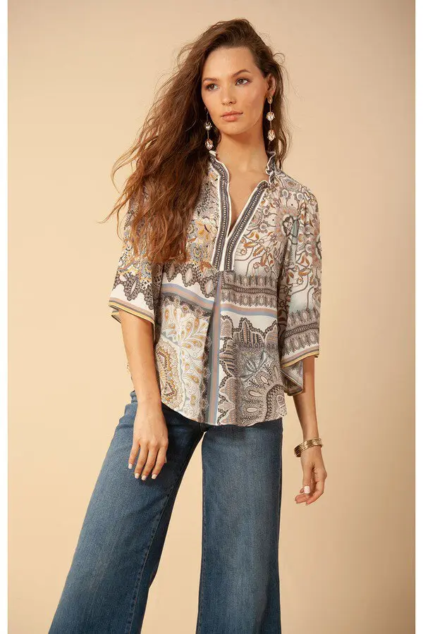 Hale Bob Janessa Silk Bell Sleeve Top - Neutral