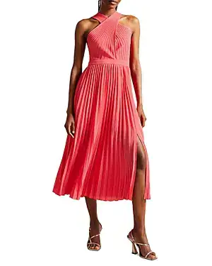 Ted Baker London Loueli Cross Front Pleated Midi Dress In Coral - 70% Off |  Editorialist