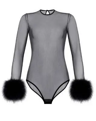 Sheer Mesh Long Sleeve Bodysuit with Feather Embellishment - Black