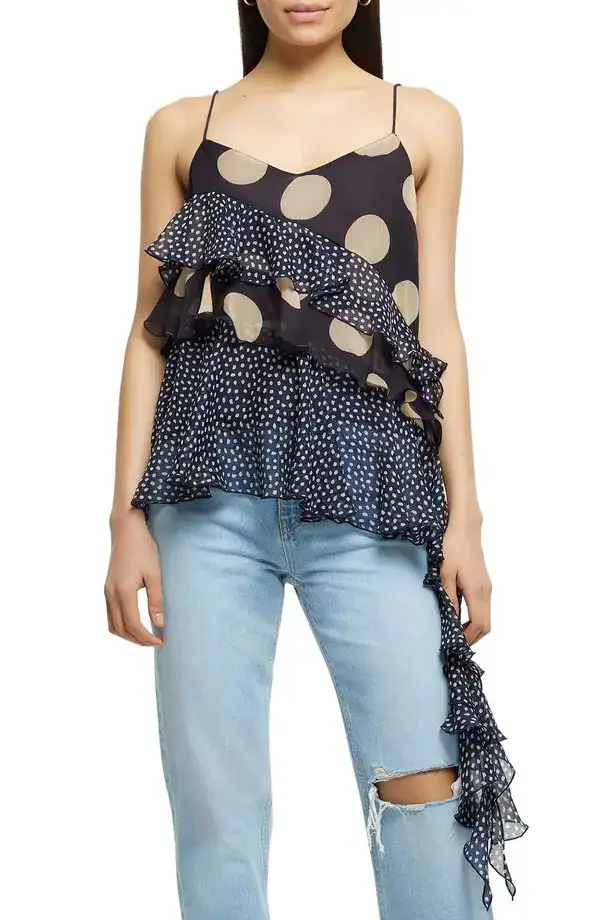 River Island Asymmetric Polka Dot Ruffle Camisole In Navy 55