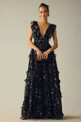 mac duggal ieena cap sleeve floral a-line dress For Ruffled Cap-Sleeve V-Neck Gown - Assorted in stock color filter:Multi A-Line V-Neck Sleeveless Mother Size:4/6 Relaxed Sleeves