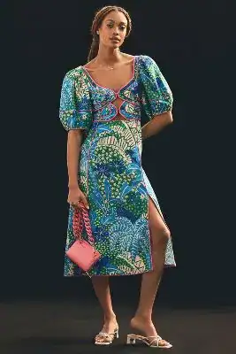 farm rio embroidered puff-sleeve cutout midi dress Farm Rio + Puff-Sleeve Cutout Printed Dress