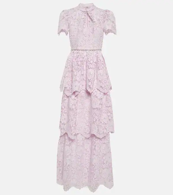 Self-Portrait Tiered Lace Maxi Dress In Pink - 30% Off | Editorialist