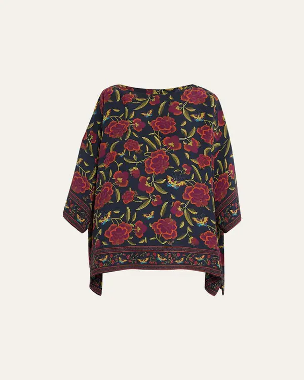 Eskandar Floral Print Long Tunic - Garnet