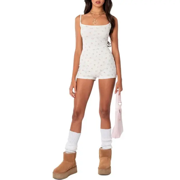 EDIKTED Ditsy Floral Open Back Romper - White