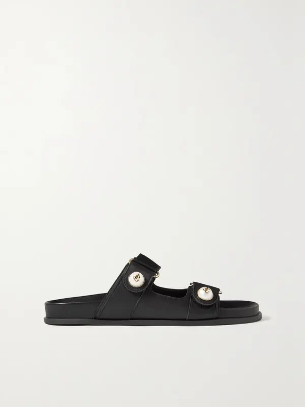 JIMMY CHOO Fayence Faux Pearl-embellished Leather Slides - Black