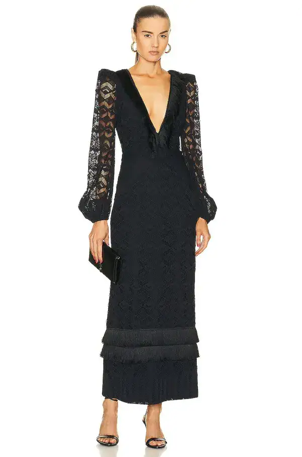 patbo fringe and mesh cutout maxi dress Patbo Fringe And Mesh Cutout Beach Dress - Black