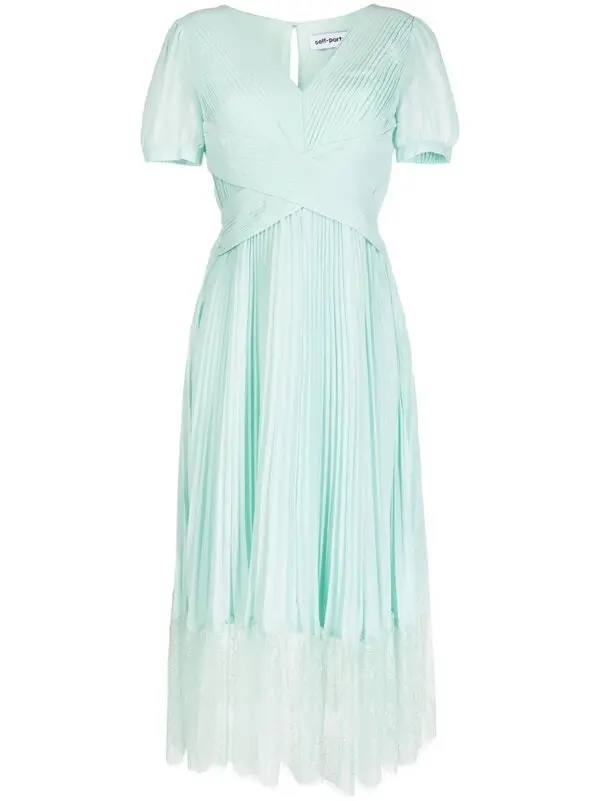 SELF-PORTRAIT Pleated Lace-trim Midi Dress
