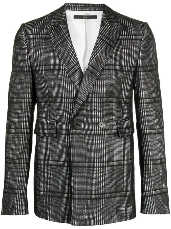 SAPIO Plaid-check Print Cotton Blazer - Black