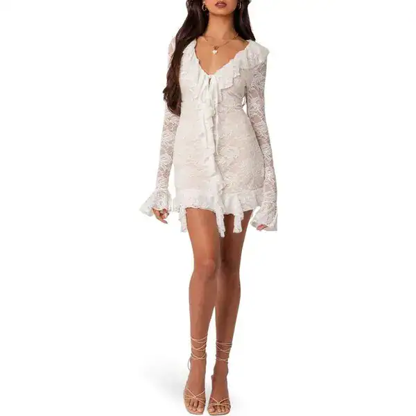 Edikted Josephine Ruffle Long Sleeve Lace Dress - Cream | Editorialist