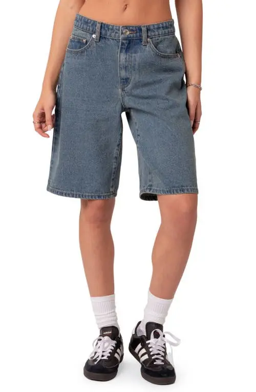 EDIKTED Oversized Low Rise Denim Bermuda Shorts - Blue-washed