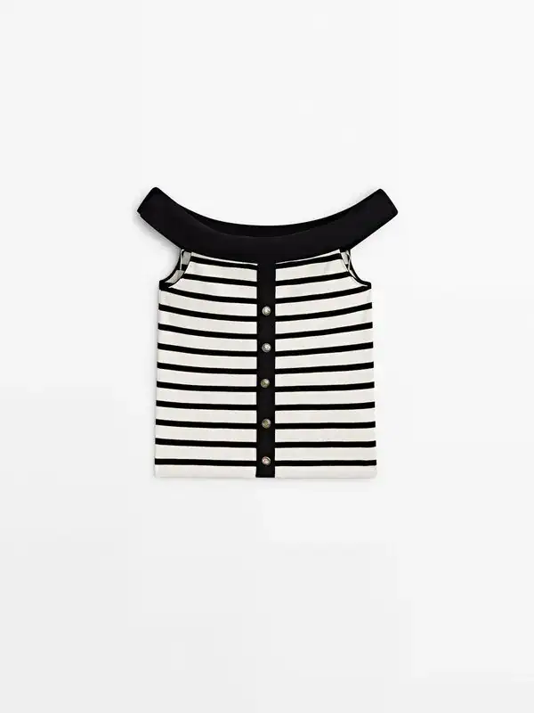 Massimo Dutti Striped Top With Buttons And Contrast Boat Neck - Main Image