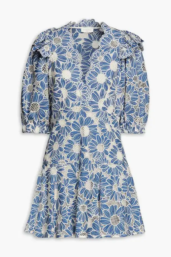 Sandro Audrey Gathered Embroidered Cotton Mini Dress Blue Fr 40 In Slate  Blue - 50% Off