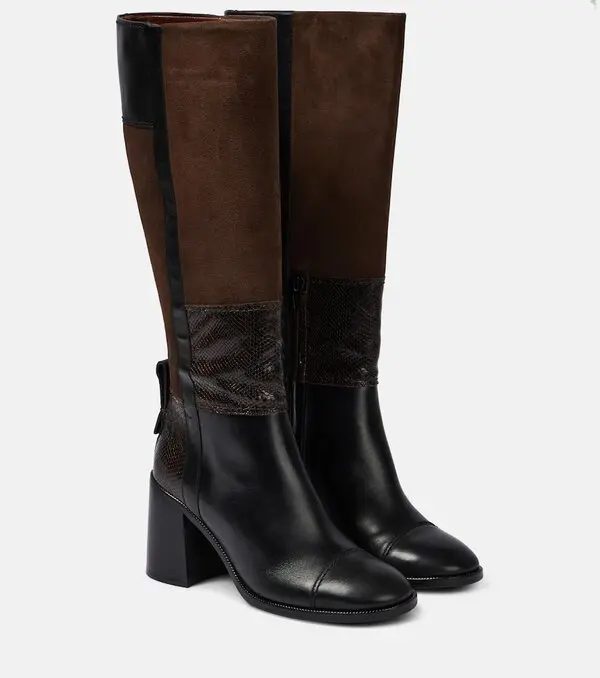 See By Chloé Patchwork Leather And Suede Knee-high Boots