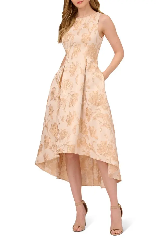 Adrianna Papell Metallic Bead Jacquard High-Low Fit & Flare Dress In Blush/  Gold - 30% Off | Editorialist
