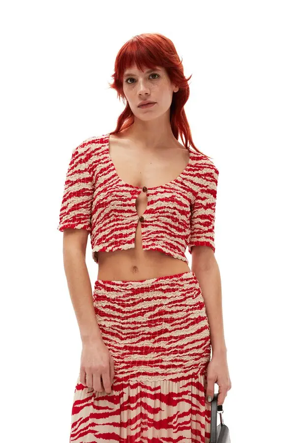 GANNI Printed Georgette Cropped Smock Blouse