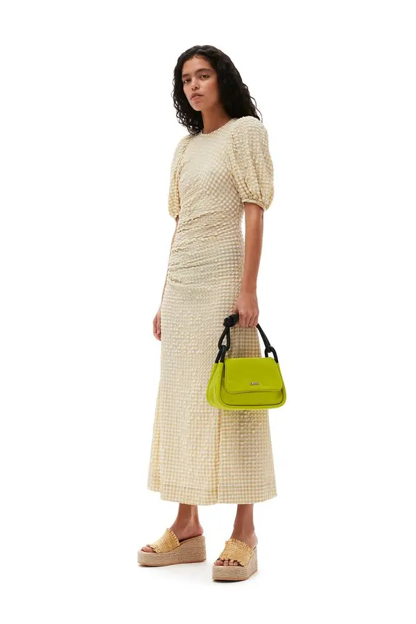 GANNI Seersucker Dress With Puff Sleeves - Pale Khaki