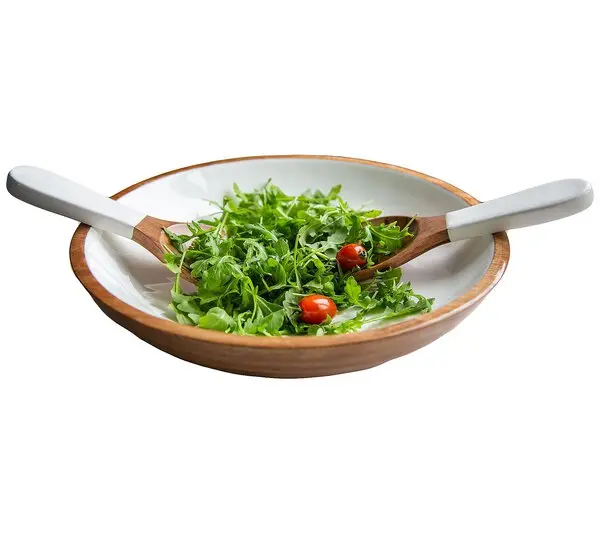 JEANNE FITZ Wood + White Collection Large Salad Bowl & Servers